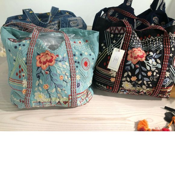 Johnny Was | Bags | Johnny Was Aravis Embroidered Blue Linen Red Hobo ...